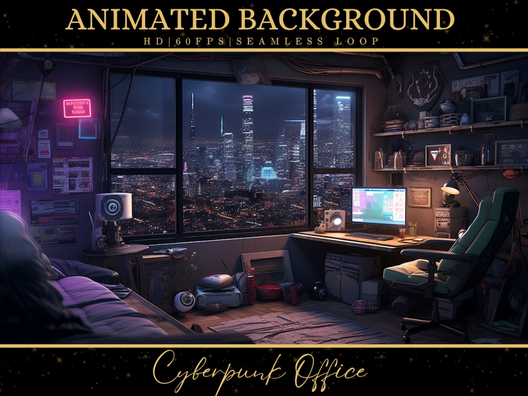 Fondo animado de Vtuber, acogedora sala de oficina Cyberpunk con ...