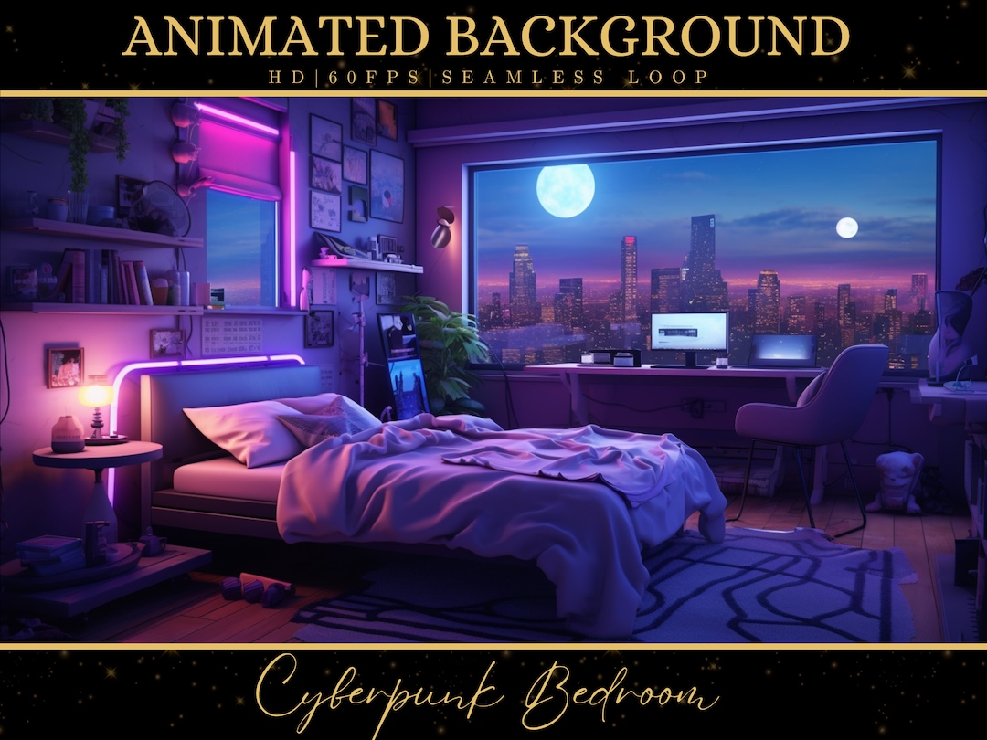 Vtuber Animated Background, Cozy Lofi Ambience Cyberpunk Bedroom, Blue ...