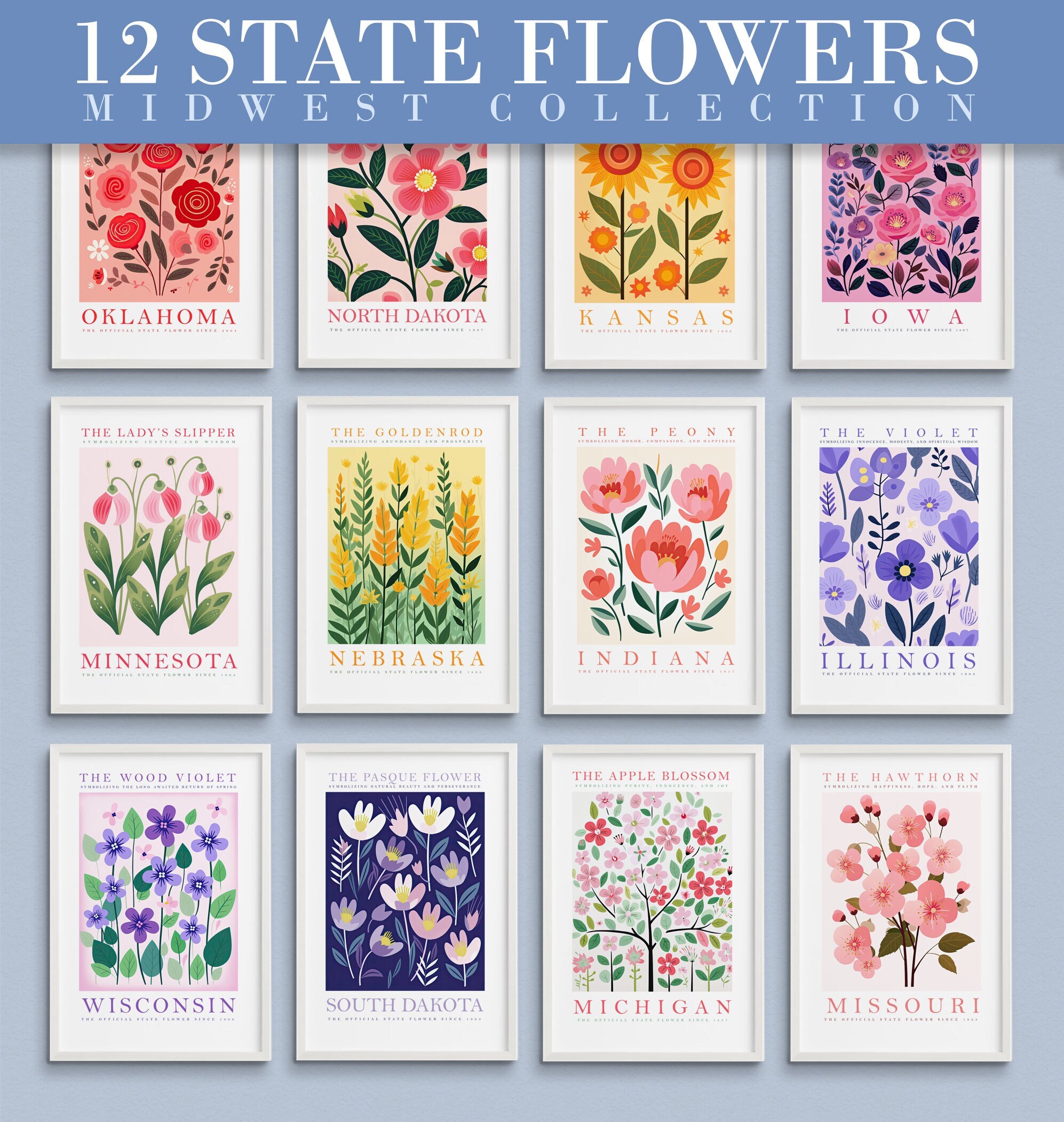 State Flower Gallery Wall Set Midwest States Flower Prints - Etsy