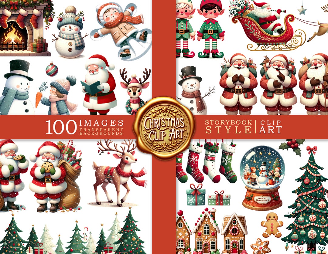 Christmas Clipart Bundle, Storybook Style, Santa Claus, Commercial Use ...