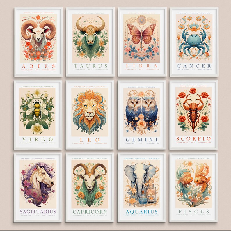 12 Signs of the Zodiac Gallery Wall Set, All 12 Horoscopes Bundle ...