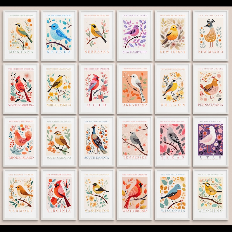 50 State Birds Gallery Wall Set, All 50 States Bundle, Bird Prints ...