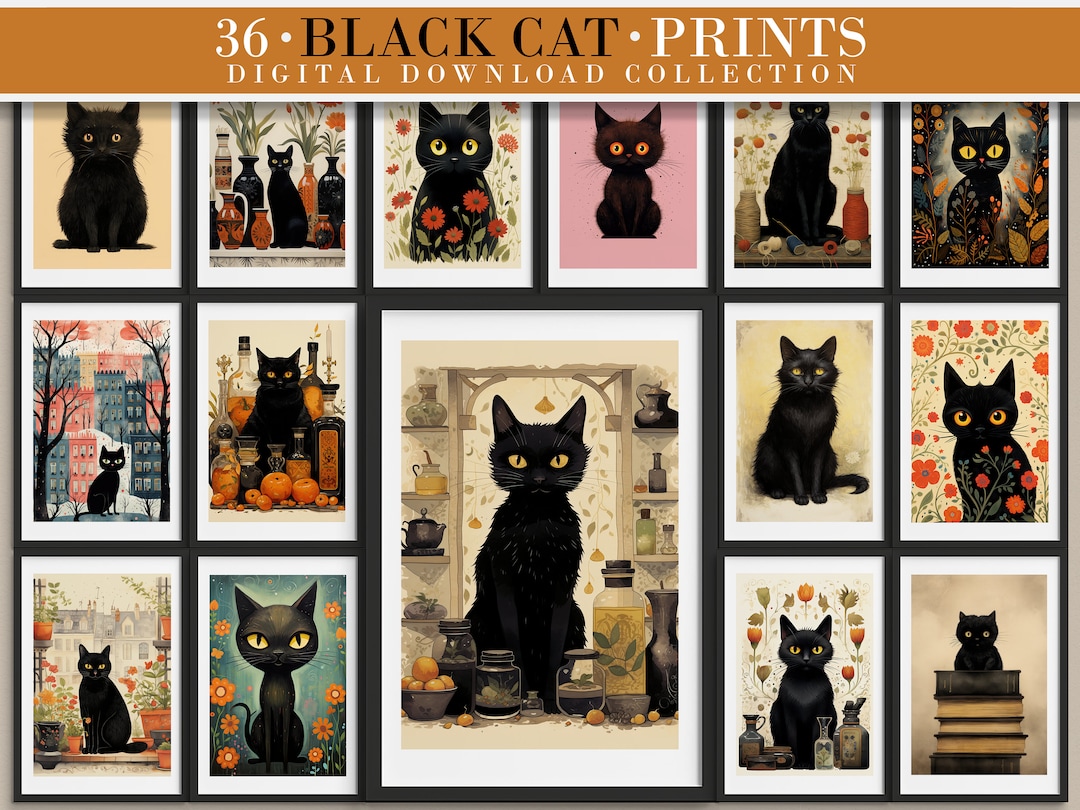 Black Cat Prints Bundle, Set of 36, Cat Lover Gift, Cute Kitten Poster ...