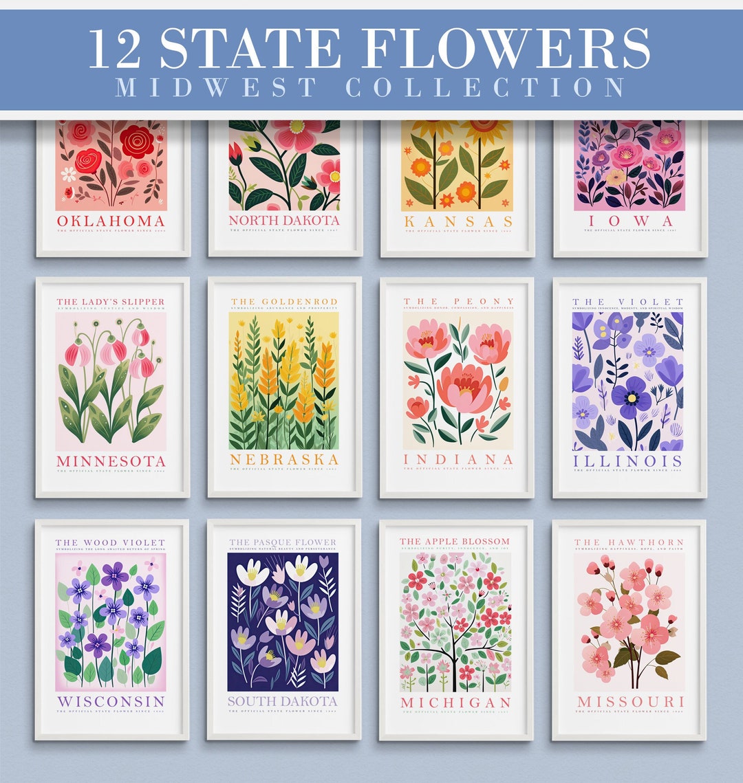 State Flower Gallery Wall Set, Midwest States, Flower Prints, Trendy ...