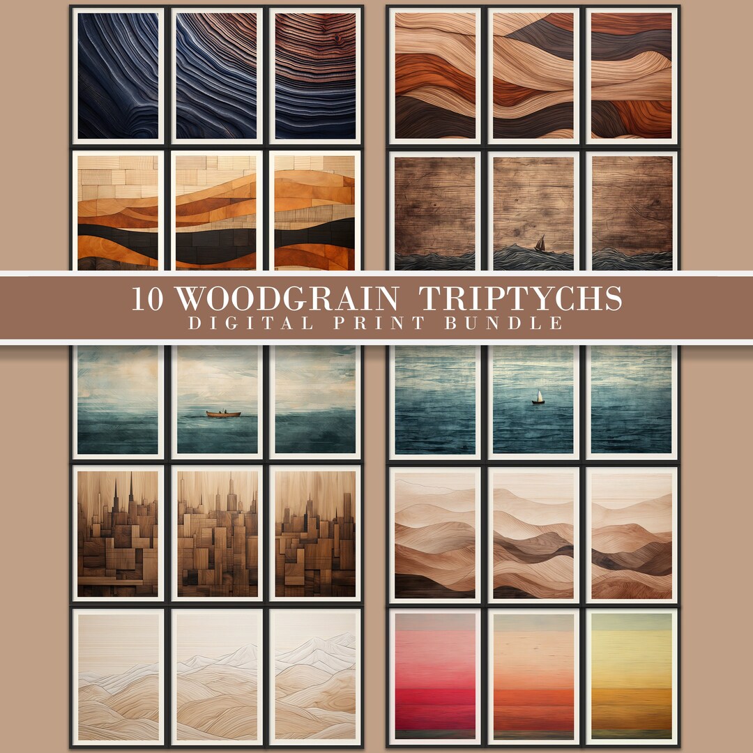 Woodgrain Triptych Bundle, Set of 10, Abstract Prints, Modern Decor ...