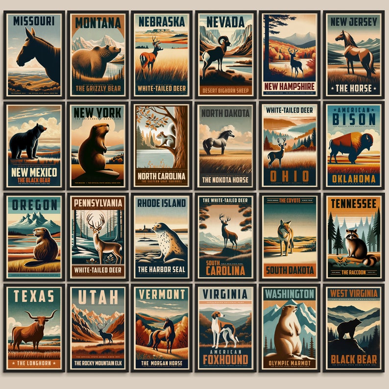 50 State Animals Vintage Prints, Bundle, Print at Home Wall Art ...