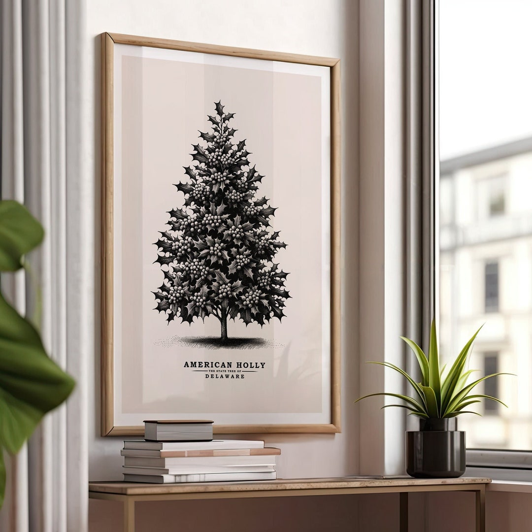 Delaware State Tree | American Holly | Vintage Sketch | Tree Poster ...