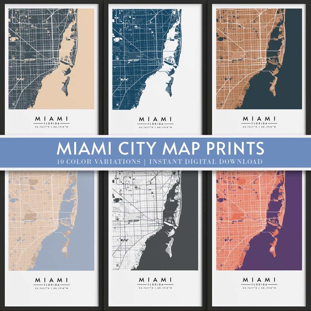 Miami City Map | 10 Color Variations | City Map Prints | Instant ...
