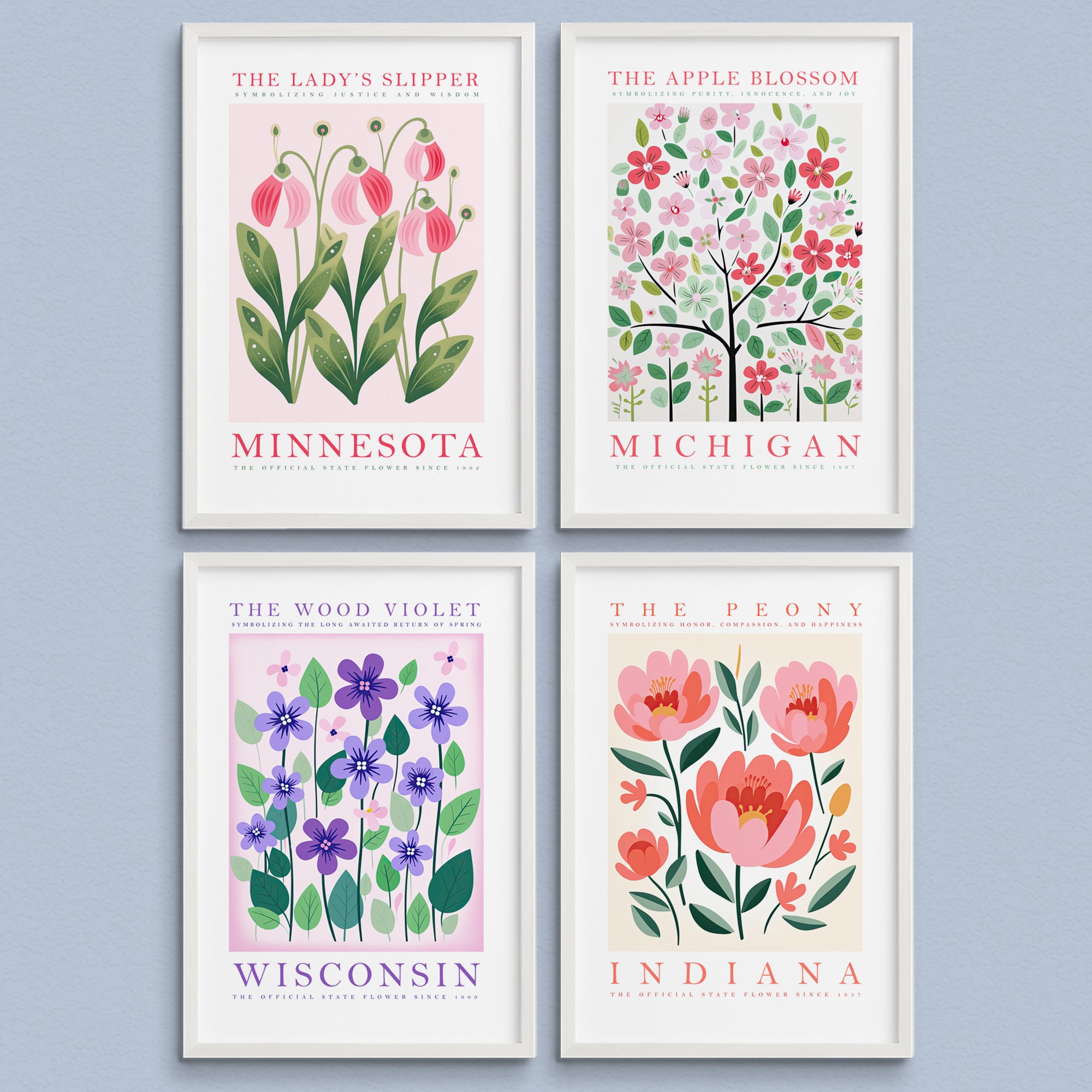 State Flower Gallery Wall Set, Midwest States, Flower Prints, Trendy ...