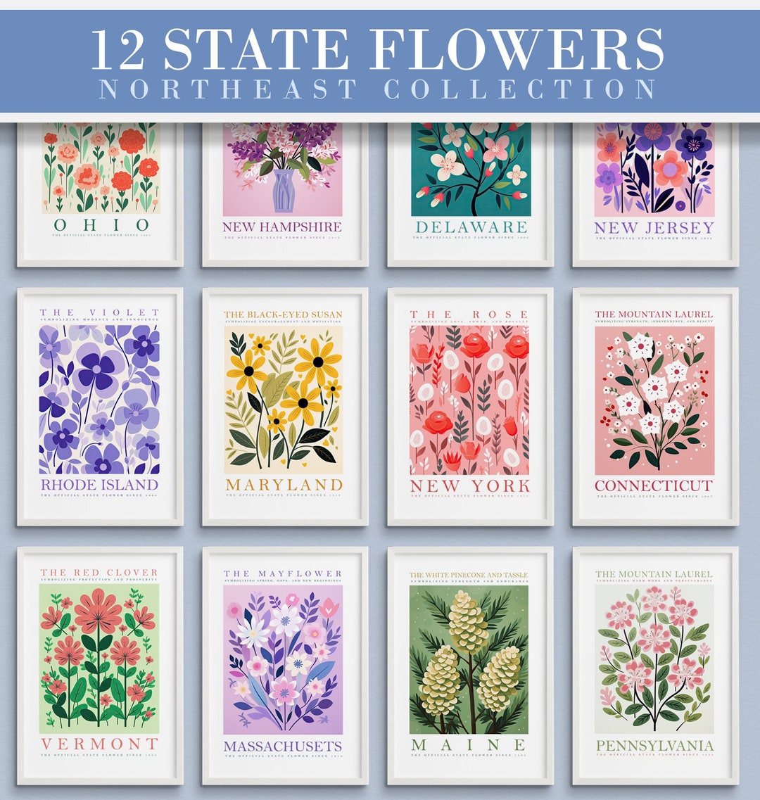State Flower Gallery Wall Set, North Eastern States, Flower Prints ...