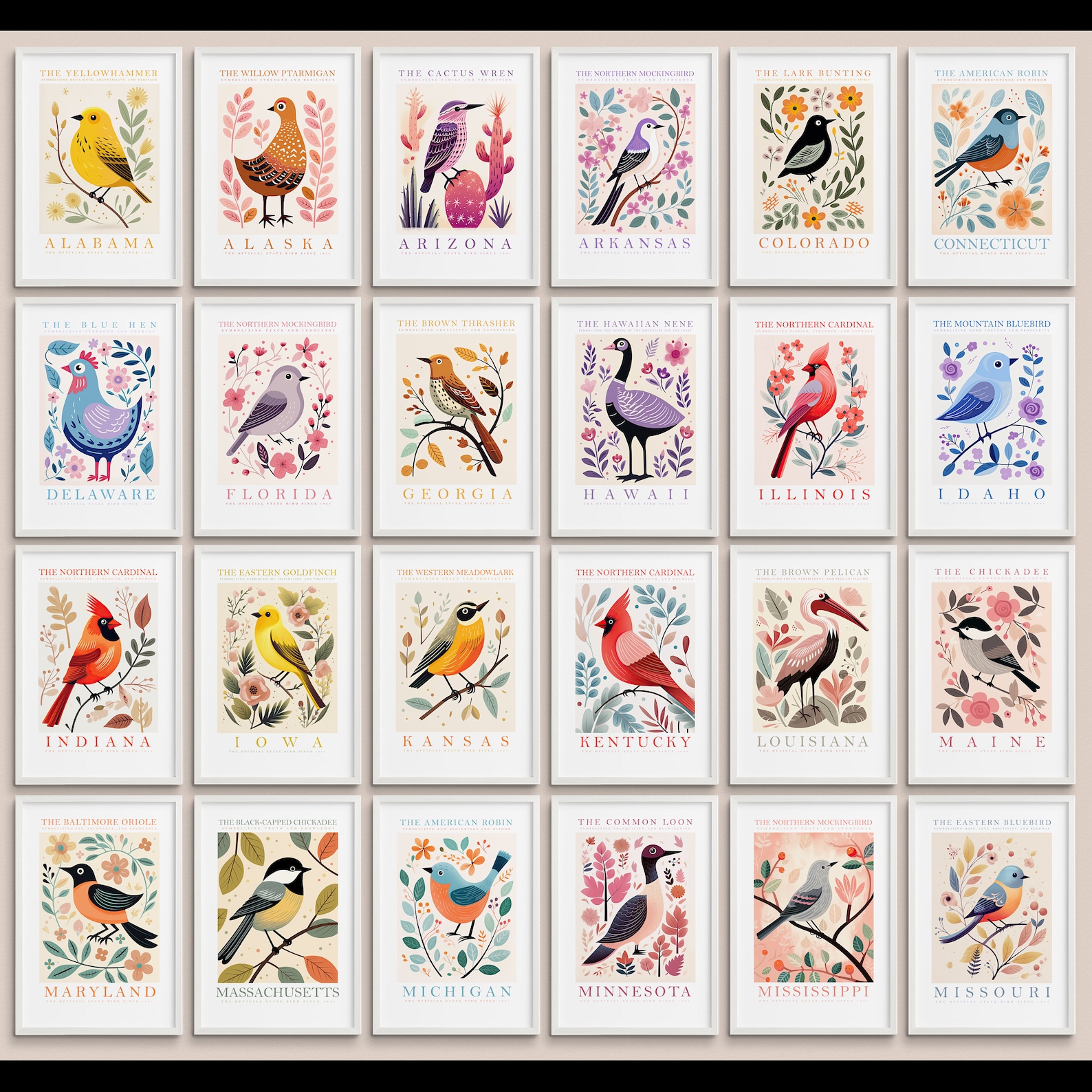 50 State Birds Gallery Wall Set, All 50 States Bundle, Bird Prints ...