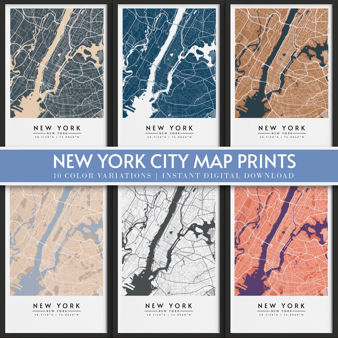 New York City Map | 10 Color Variations | City Map Prints | Instant ...