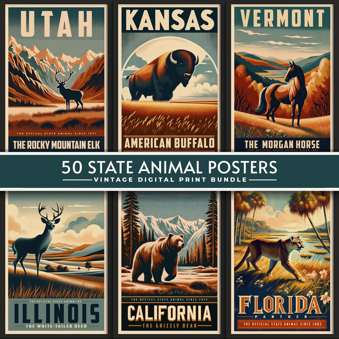 50 State Animals - Vintage Prints, Bundle, Print at Home | Wall Art ...