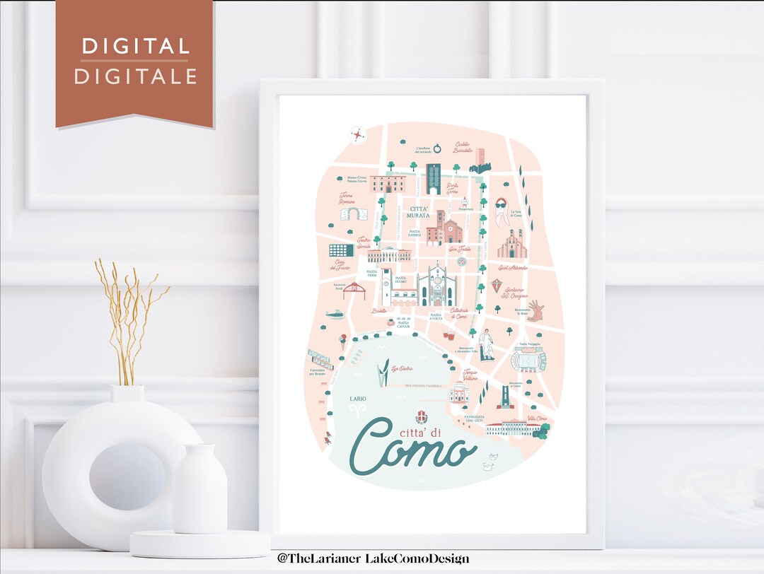 Como Hand-drawn Map Modern Style Digital Poster With Landmarks & Hot ...