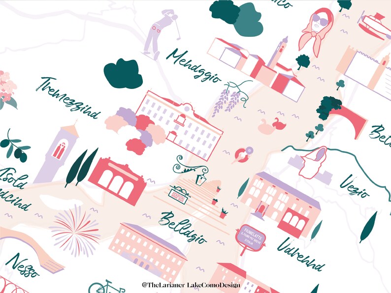 Lake Como Map Illustrated Modern Style Digital Poster . Lilac and Pink ...