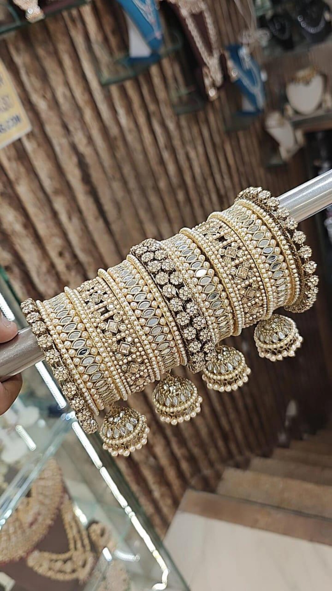 Mirror Stone Golden Bollywood Mirror Pearl Jhumka Bangles Set/punjabi ...
