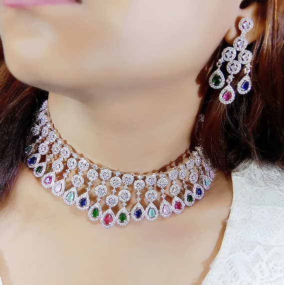 Silver CZ Diamond Necklace With Earrings and Tikka CZ Stones Necklace Set elegant unique Jewelry indian pakistani bollywood Etsy