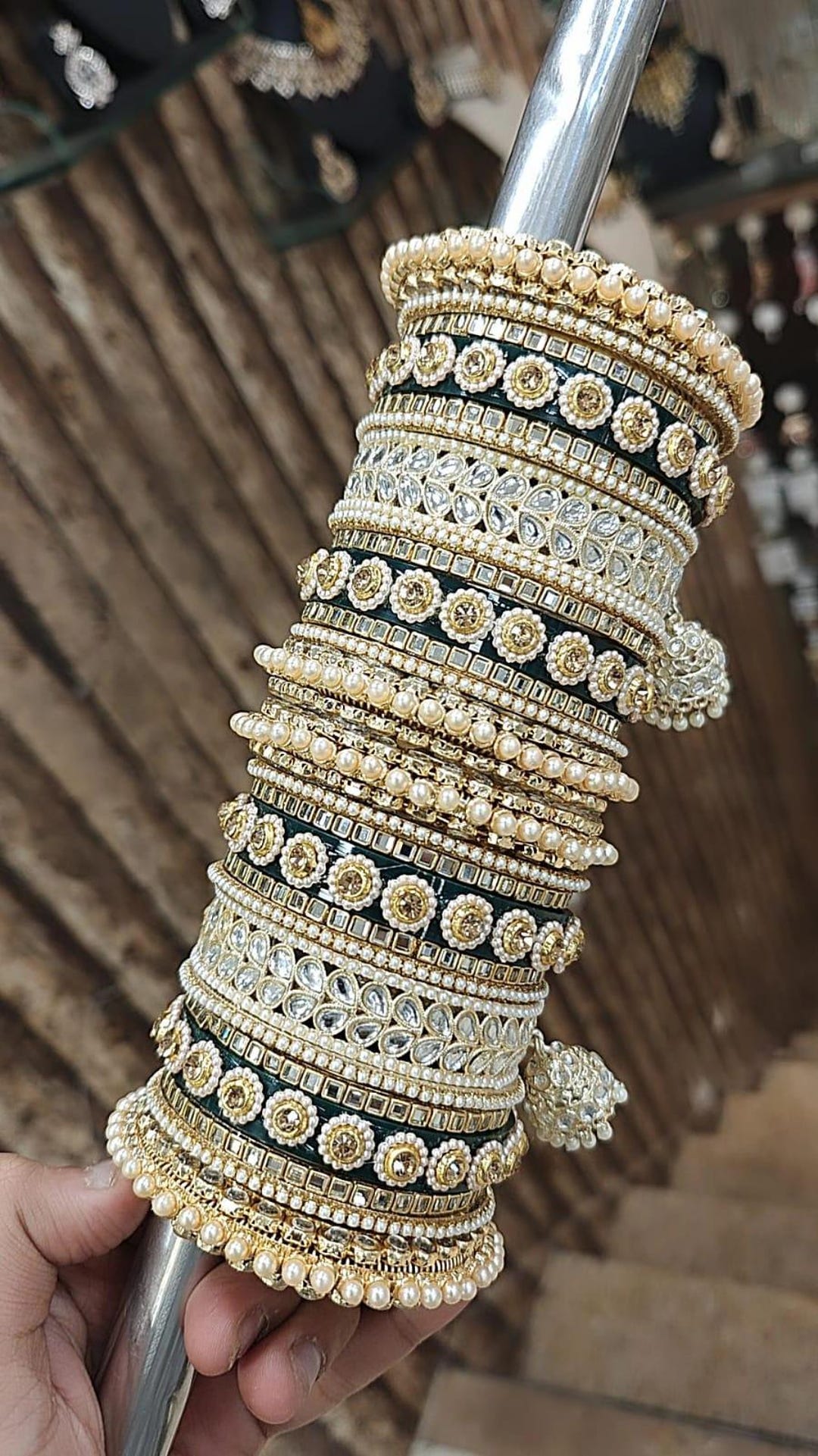 Mirror Stone Golden Bollywood Mirror Pearl Jhumka Bangles Set/punjabi ...