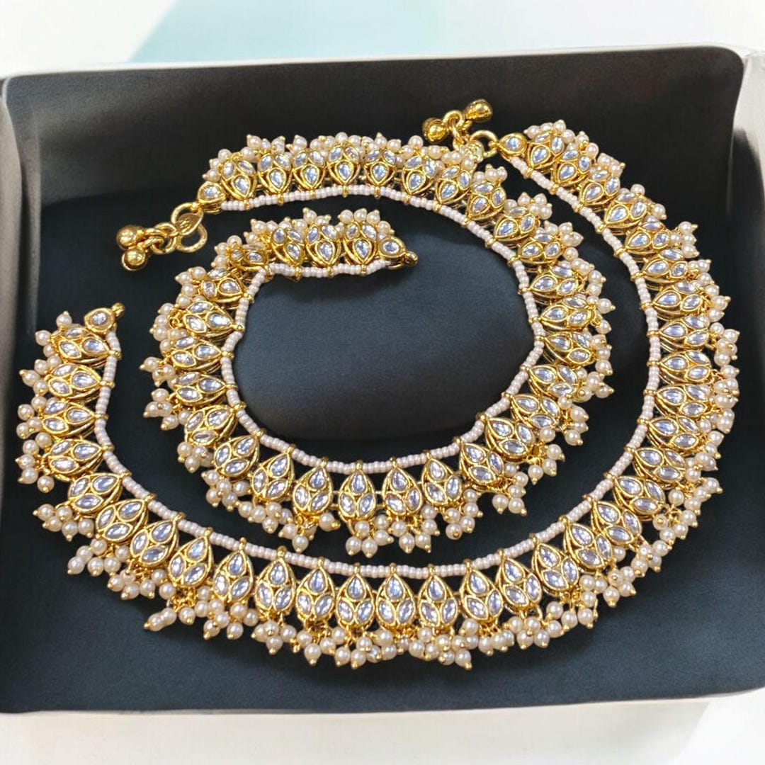 Gold Plated Golden Pearls Mini Bead Anklets Pair/payal/ Punjabi Jhanjra ...