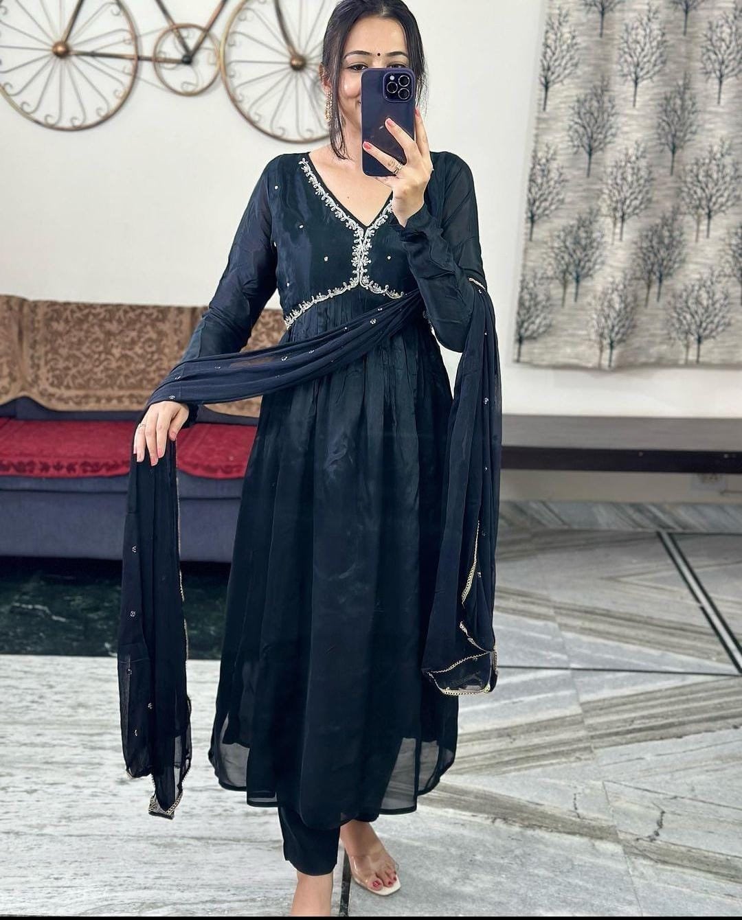 Designer Black Color Alia Cut Rayon Printed Kurti With Pant and Dupatta ...