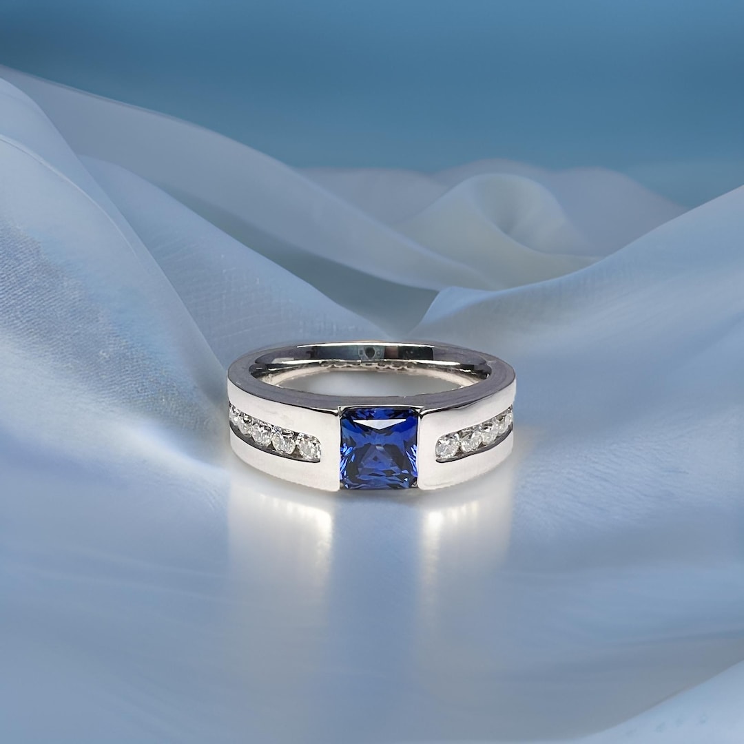 Blue Sapphire Men's Wedding Band: Sterling Silver Ring With CZ Accents ...