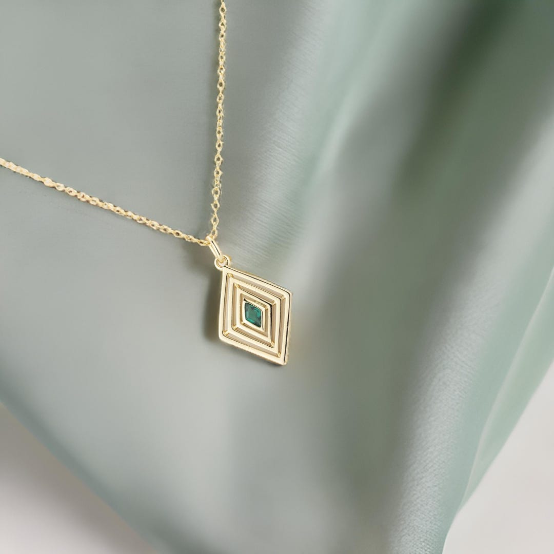 Sterling Silver Emerald Rhombus Pendant Necklace: Art Deco Boho Jewelry - Etsy