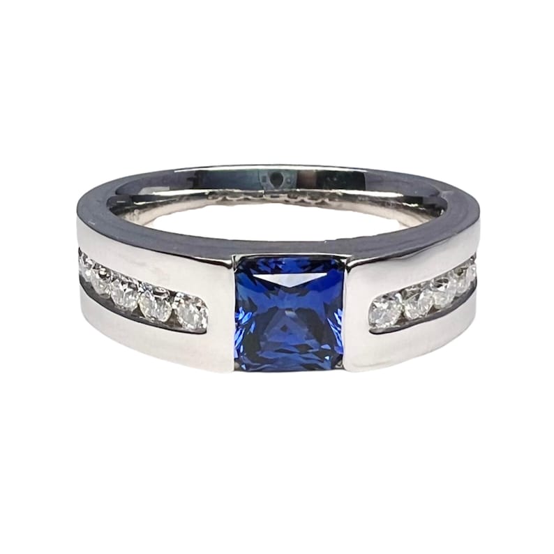 Blue Sapphire Men's Wedding Band: Sterling Silver Ring With CZ Accents ...