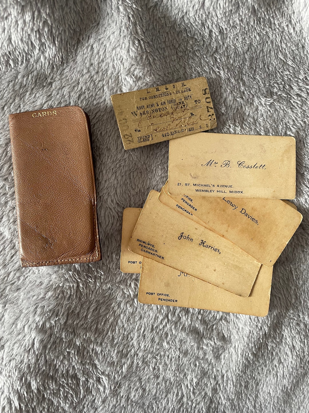 Vintage Leather Card Holder With Ephemera, Train Ticket, Business Cards ...
