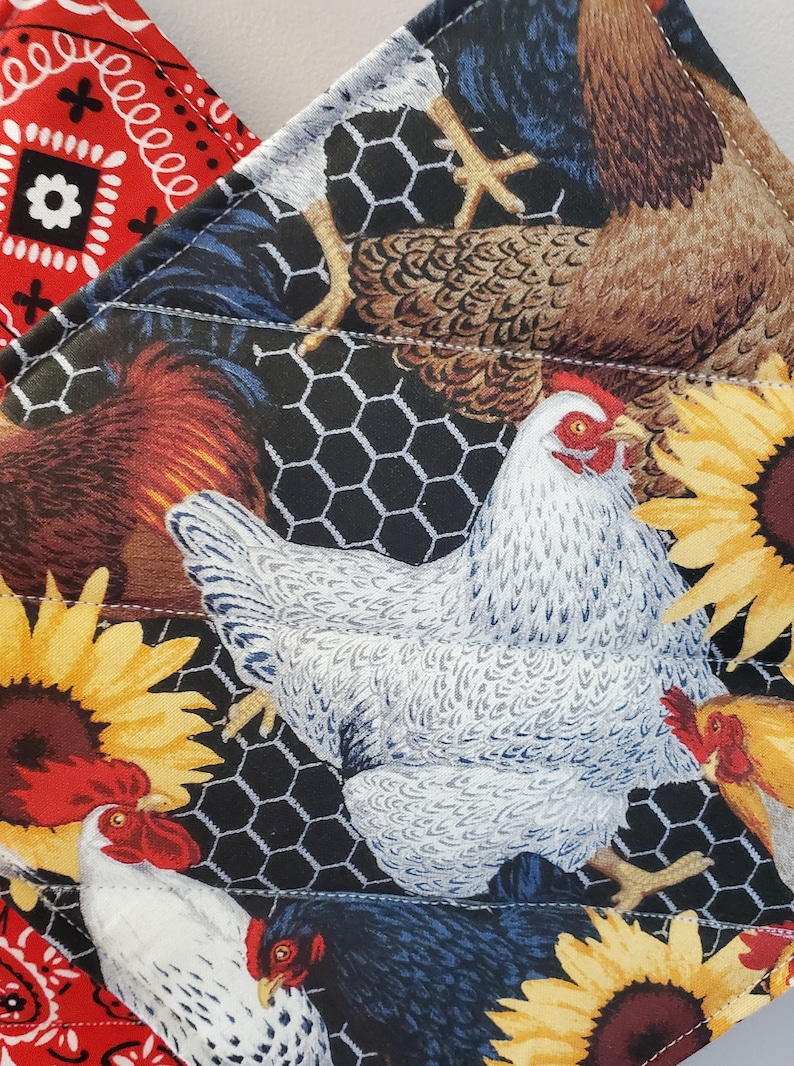 Chickens With Sunflowers With Red Bandana Back and Roosters on Blue ...