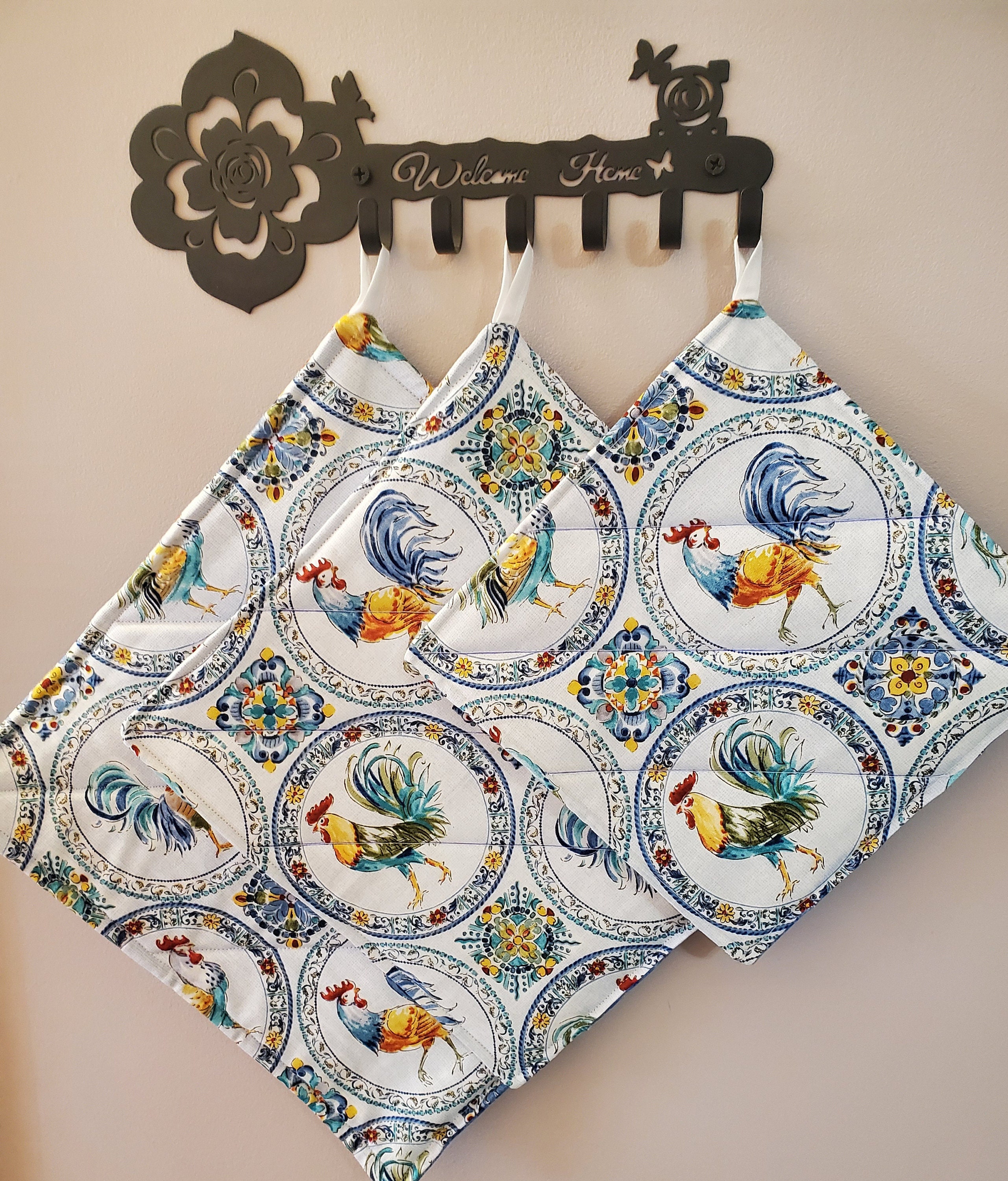 Chickens With Sunflowers With Red Bandana Back and Roosters on Blue ...