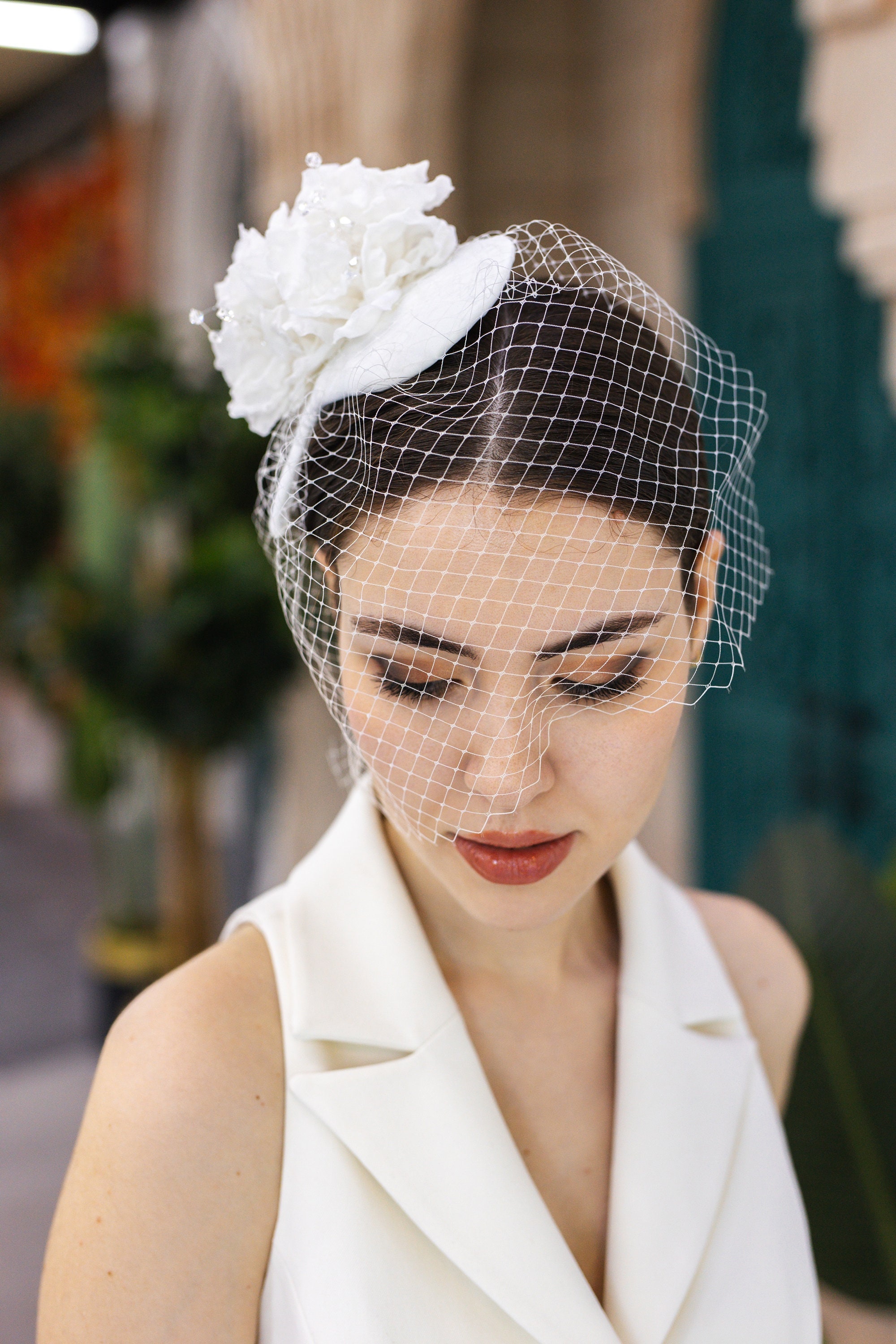 Handmade Bridal Hat With Matte Satin Fabric Birdcage Veil Crystal ...