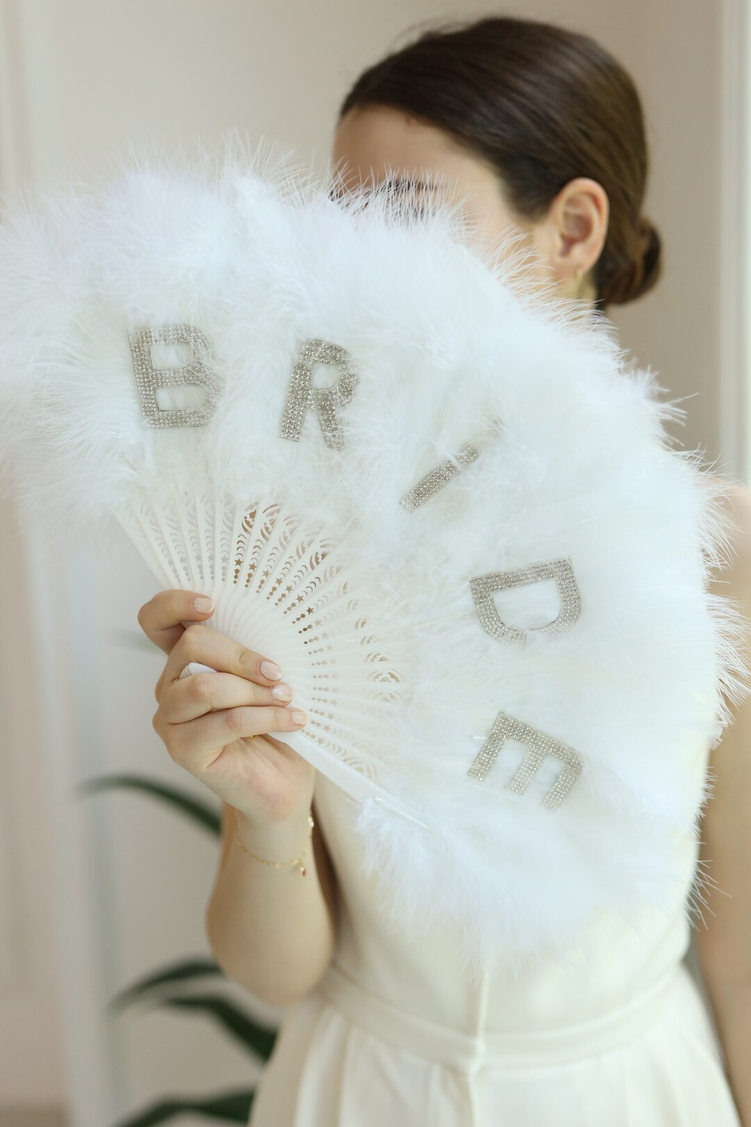Embroidered Feather Hand Fan White Bridal Feather Fan Zircon - Etsy