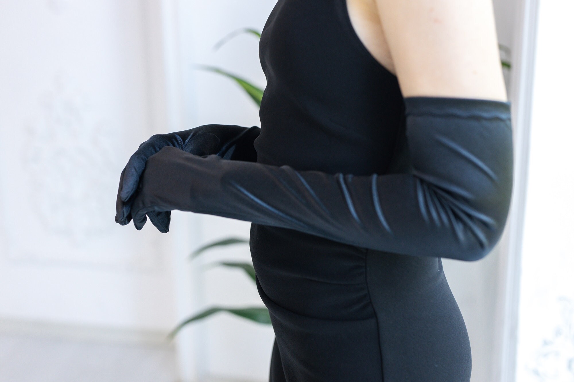 Long Bridal Glove, Vintage Black Nylon Mousquetaire Opera Evening ...