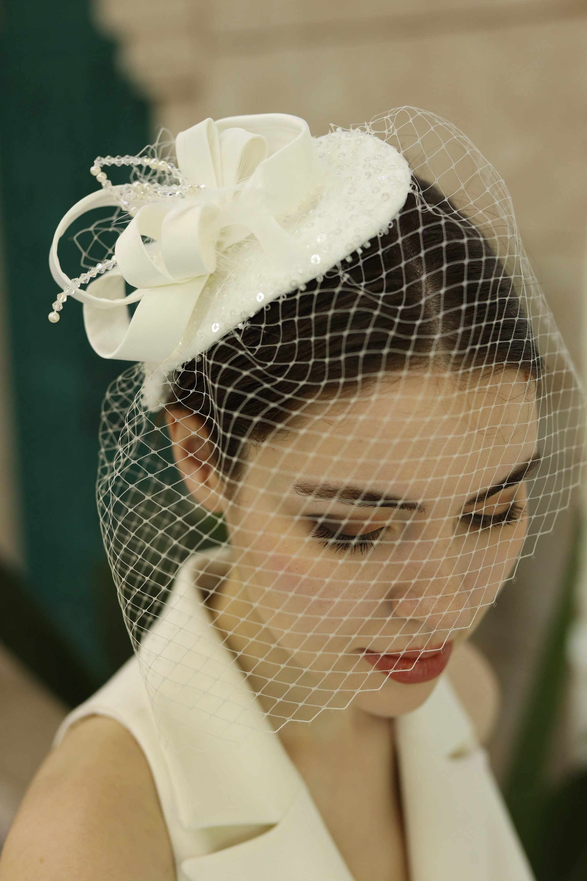White Top Hat Mesh Veil Wedding Veil Bird Cage Veil Bow - Etsy