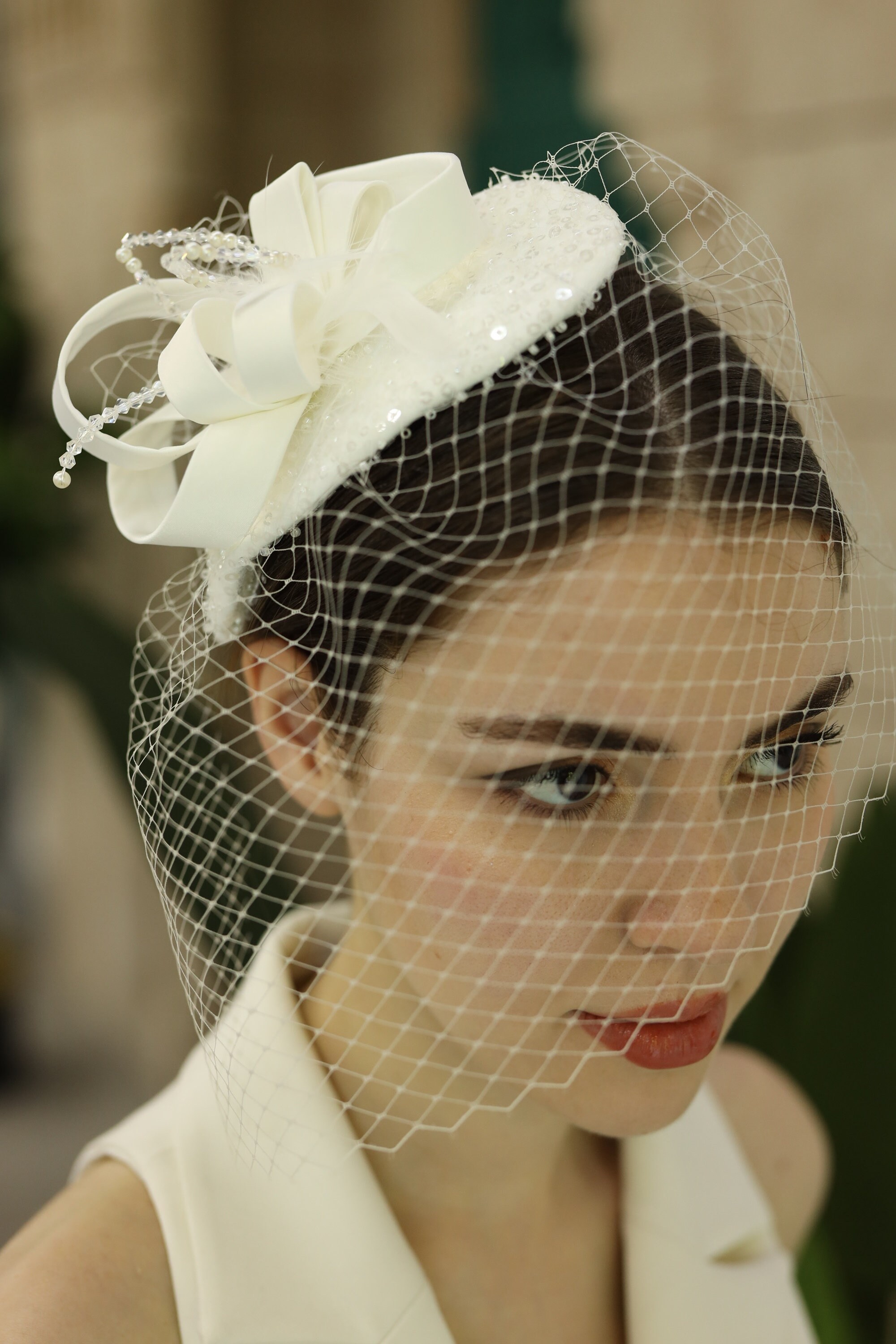 White Top Hat Mesh Veil Wedding Veil Bird Cage Veil Bow - Etsy