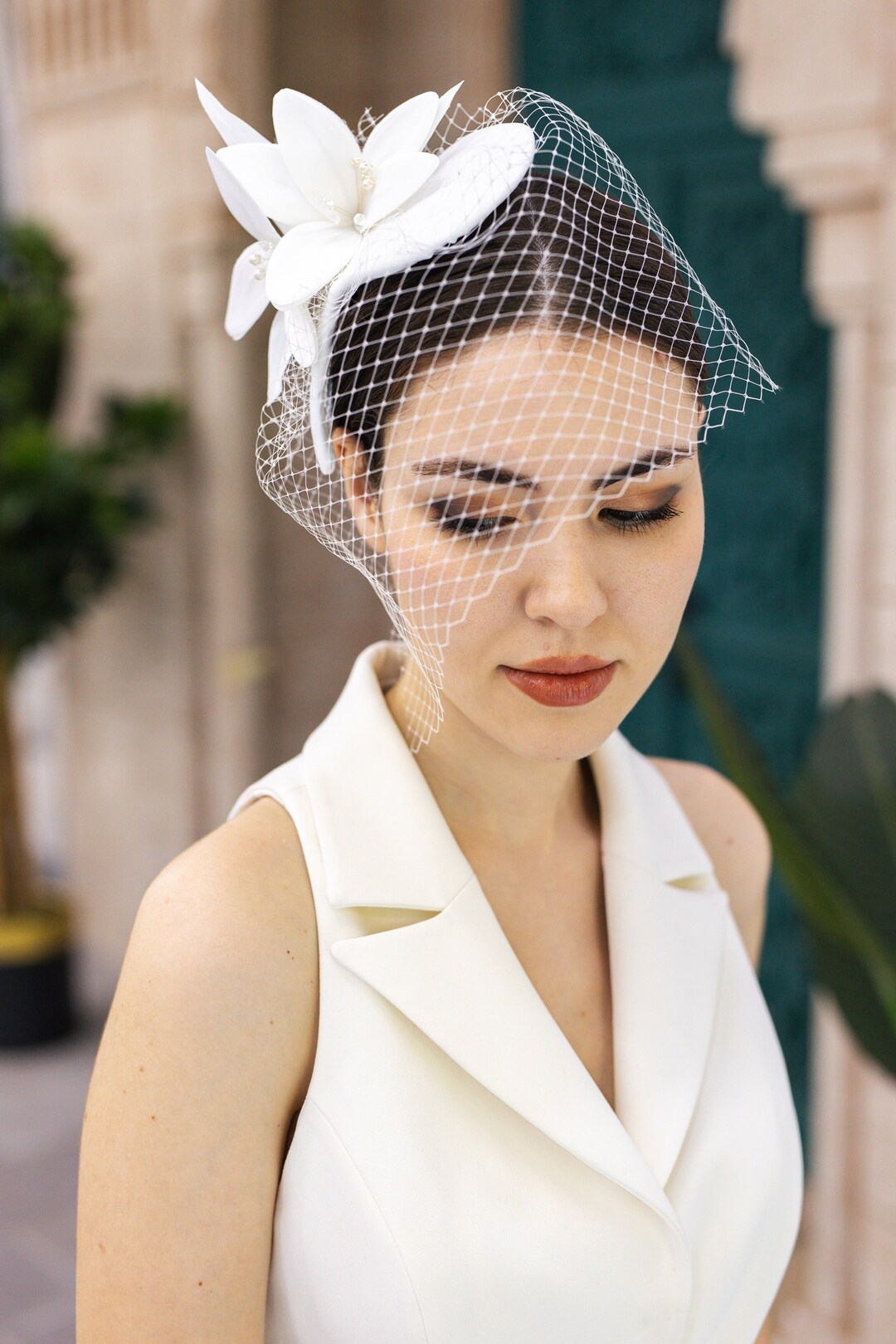 Floral Bridal Tulle Hat, Veil Headpiece for Brides, Bridal Cap With ...