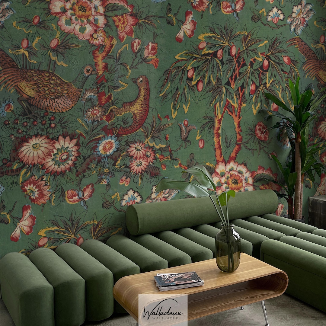 Vintage Pheasant Chinoiserie Wallpaper, Dark Green Floral Peel & Stick ...