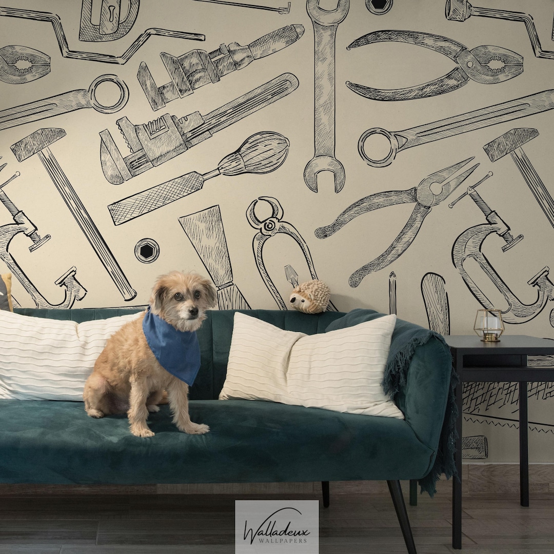 Vintage Tool Wallpaper, Hand Drawn Industrial Mural, Peel and Stick 146 ...