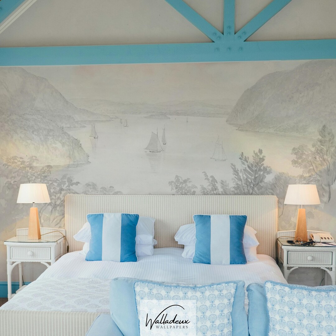 Gentle River Valley Wall Mural, Subtle Lake Landscape Sketch Removable ...