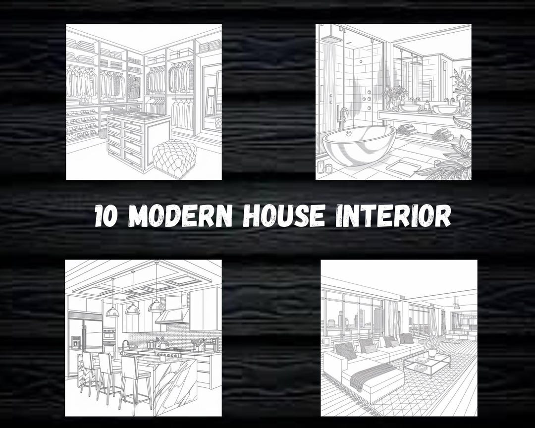 Modern Home Interiors Coloring Pages for Adults | Black and White House ...