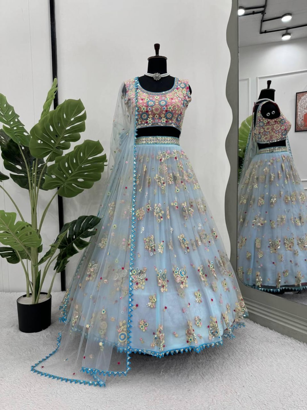 Sky Blue Butterfly Net Lehenga Choli With Embroidery With Sequnce Work ...