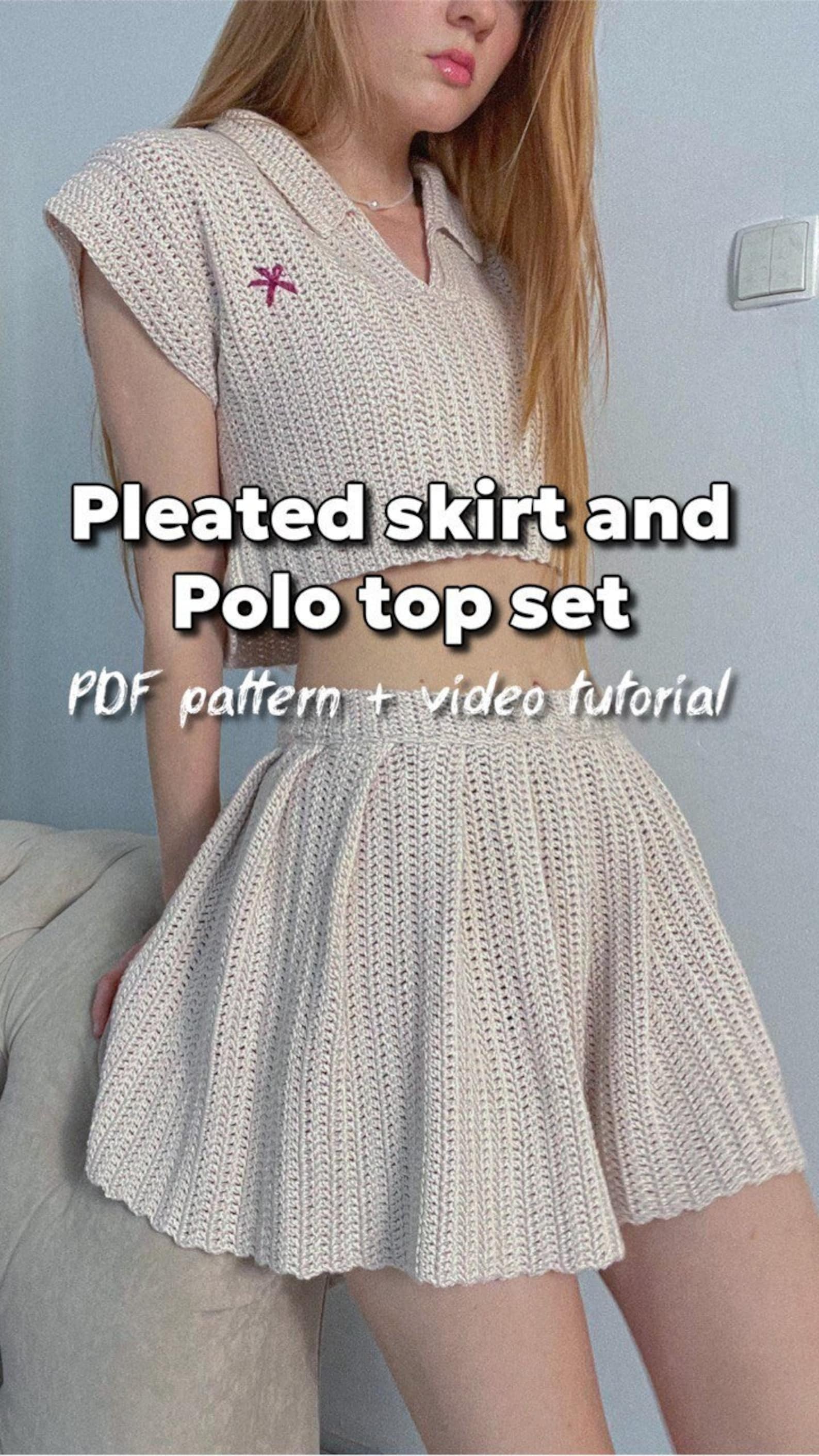 Crochet Pleated Skirt and Polo Top Set PDF Pattern + Video Tutorial/ 2 ...