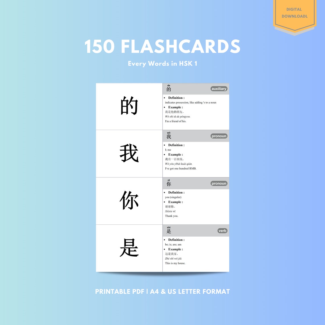 HSK 1 Flashcards Bundle With Worksheets, Chinese Learning Set, Study ...