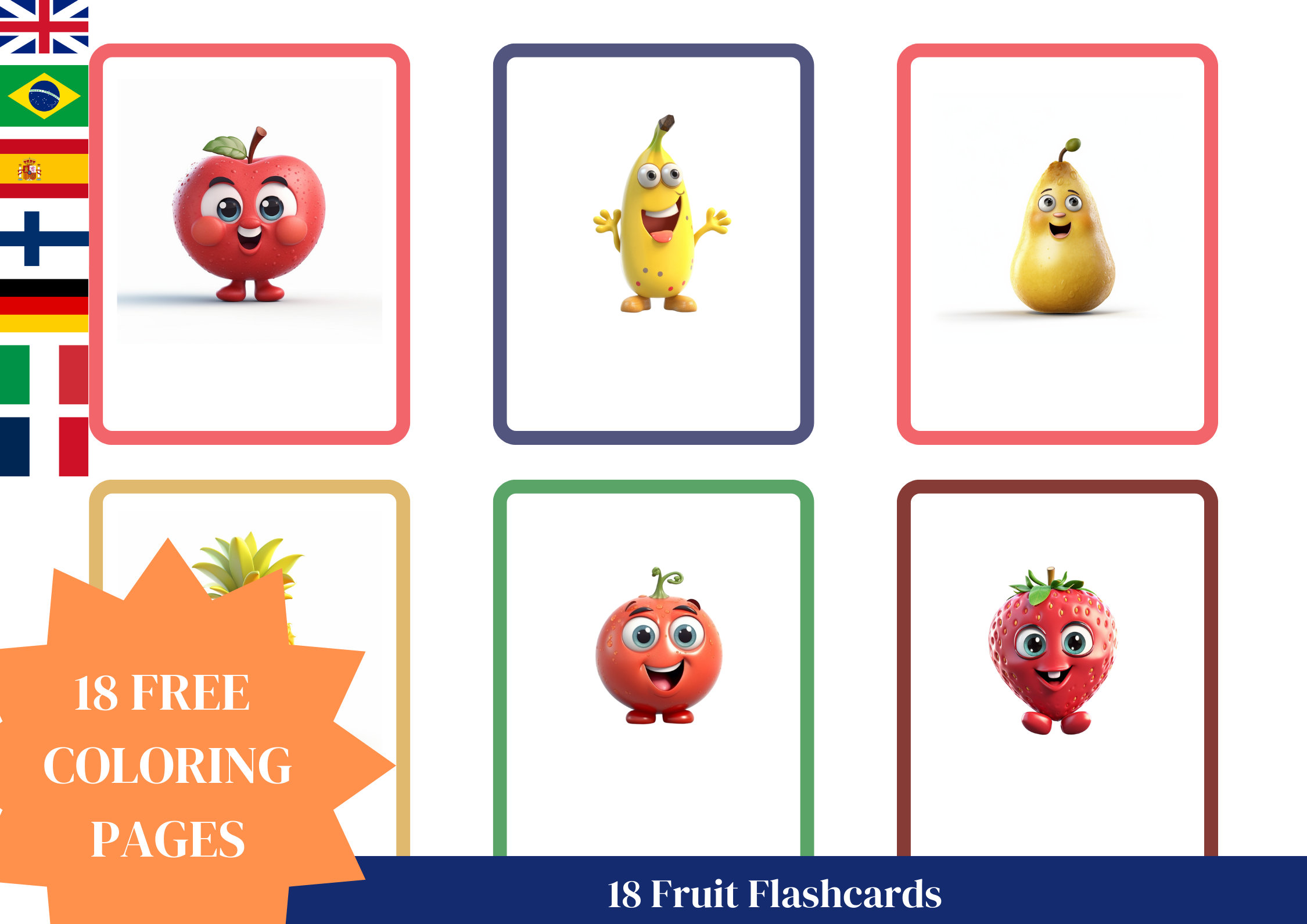 18 Fun Fruit Flashcards Set With 18 Free Coloring Pages for Kids ...