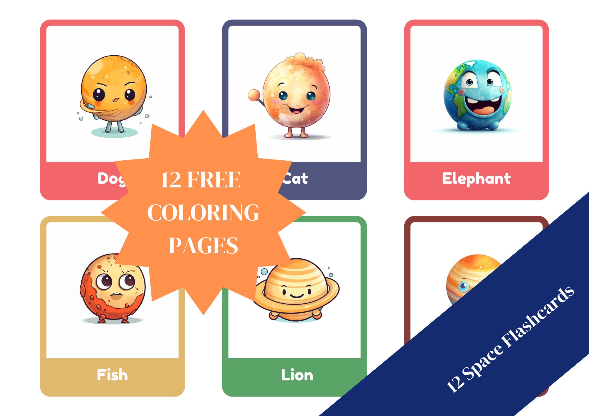 12 Fun Space Flashcards Set With Free Coloring Pages for Kids' Learning ...