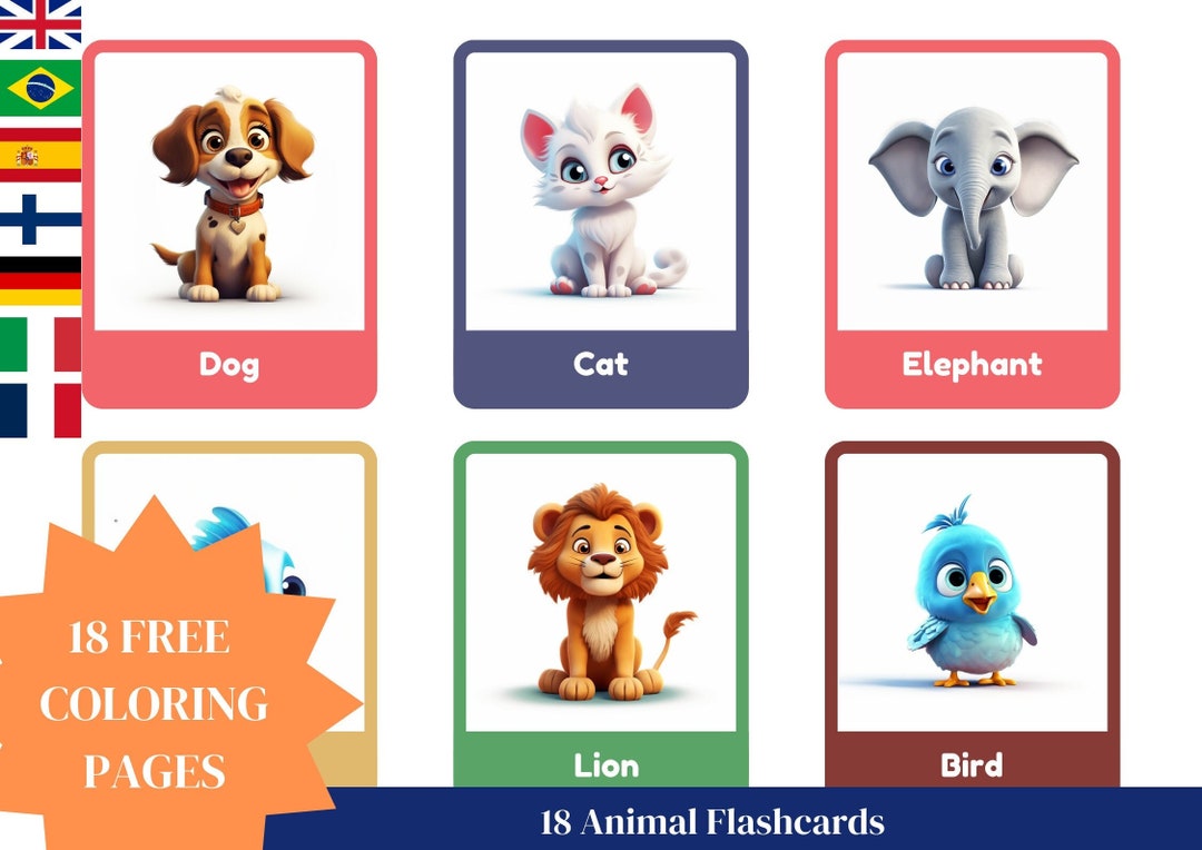 18 Fun Animal Flashcards Set With Free Coloring Pages for Kids ...