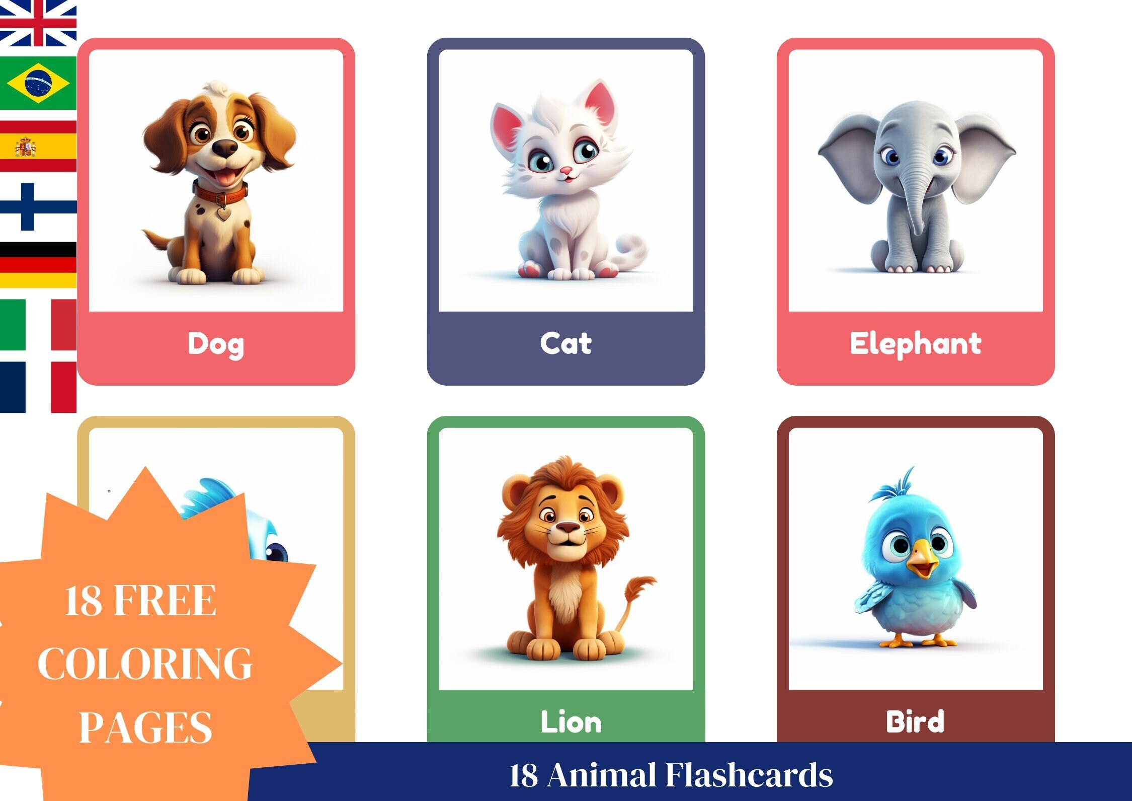 18 Fun Animal Flashcards Set With Free Coloring Pages for Kids ...