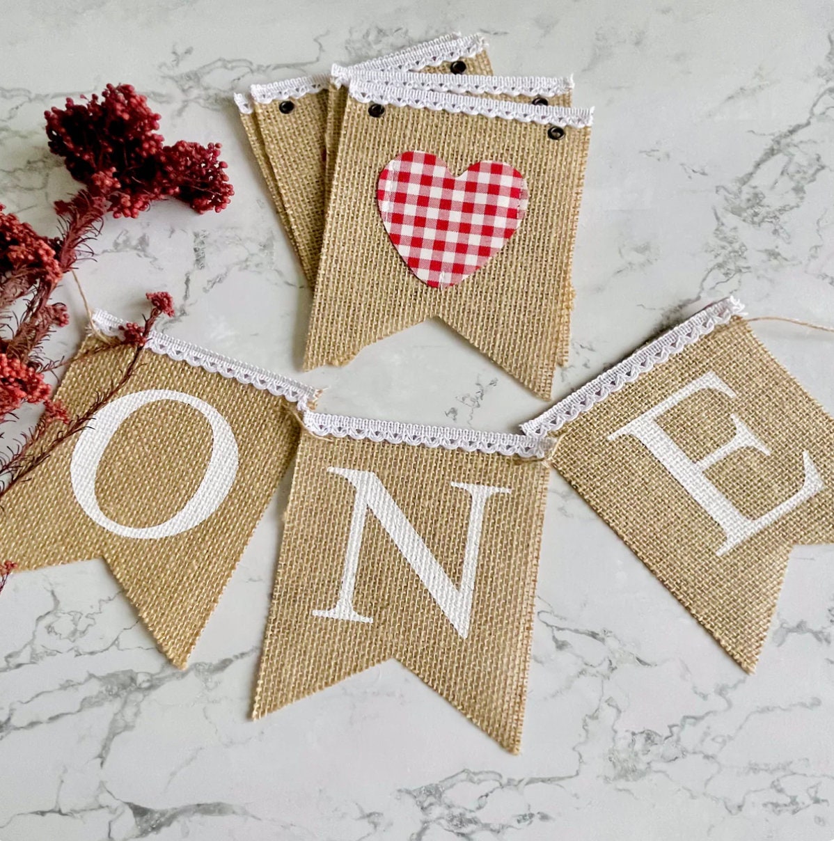 ONE First Birthday Gingham Banner With Red Hearts as ONE High Chair ...