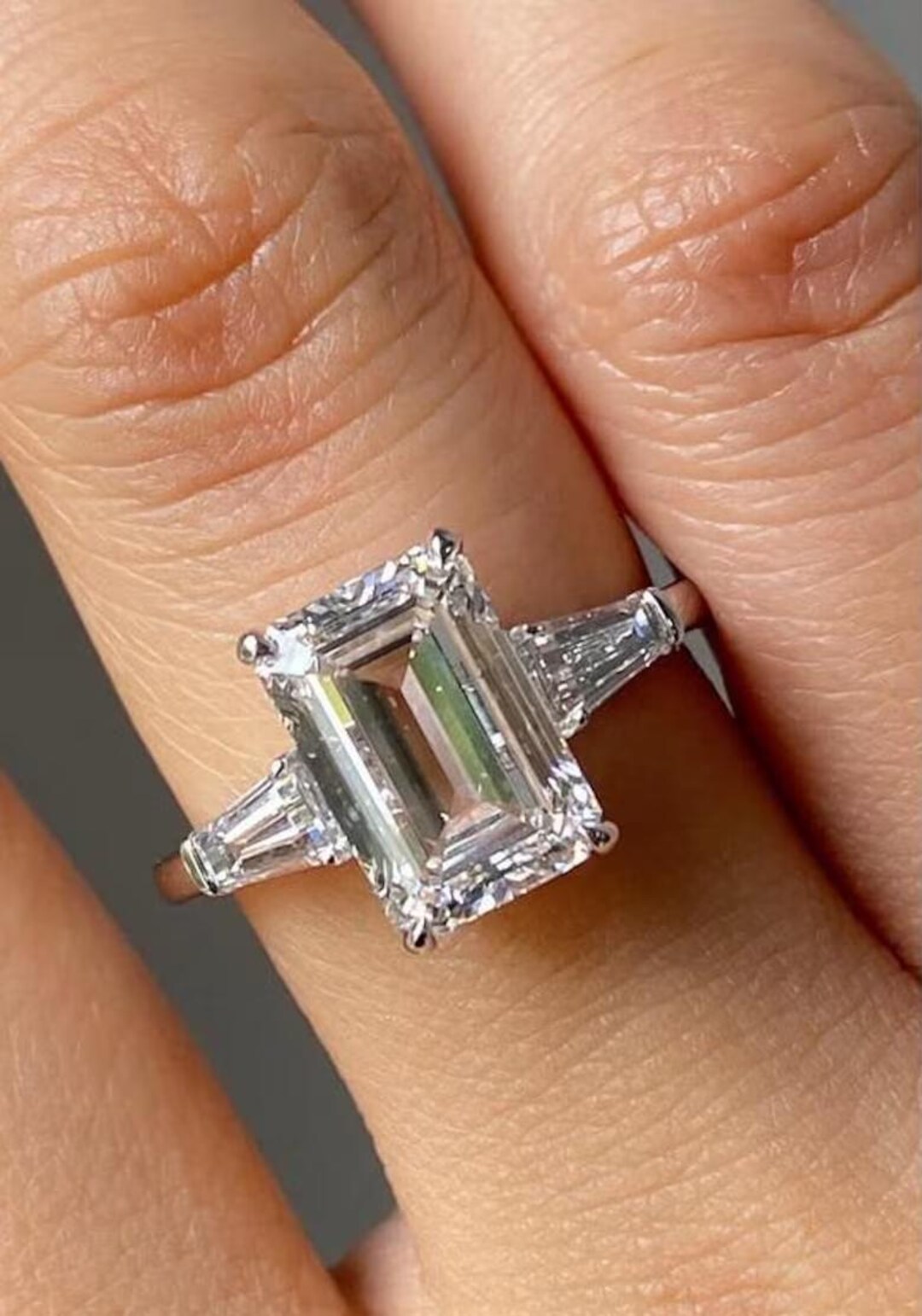 3.00 CT Emerald Cut and Tap Baguette Cut Moissanite Diamond Three Stone ...