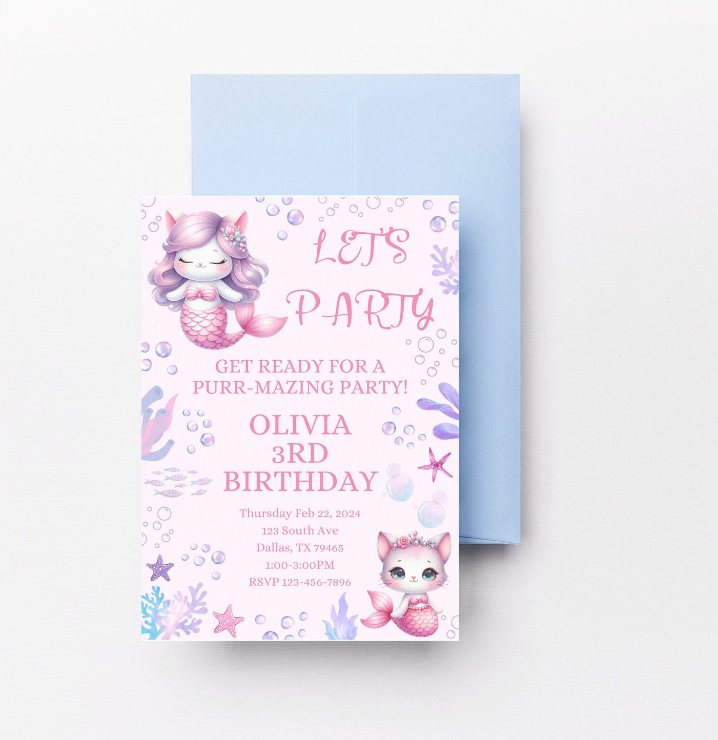 Purrmaid Invitation Cat Mermaid Invite Printable Mercat Girls Birthday ...